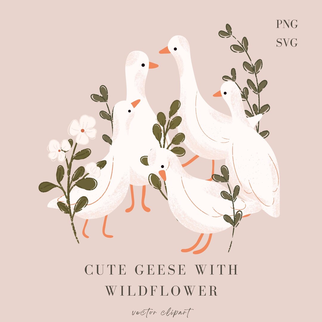 Cute Geese and Floral Vector Illustration, Cute Goose SVG, Wildflower ...