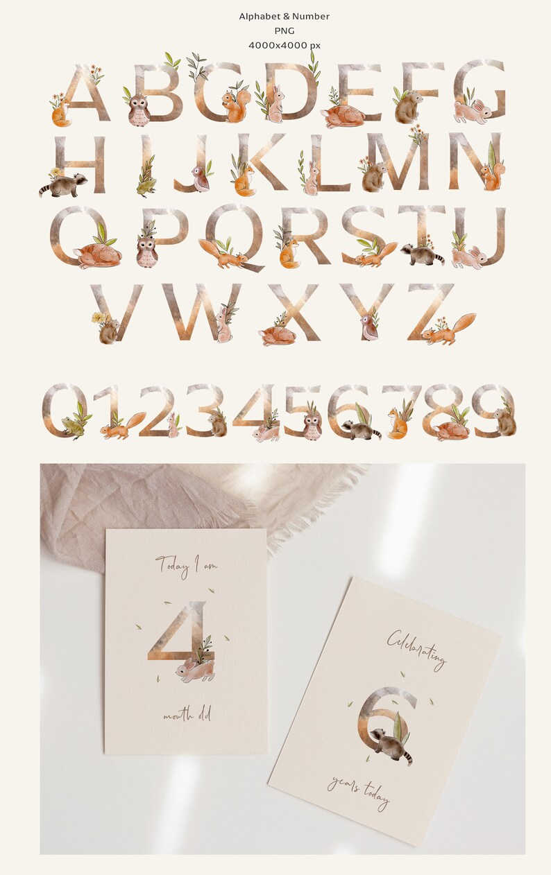 Watercolor Alphabet Clipart, Letters Number Woodland Animals, Woodland ...
