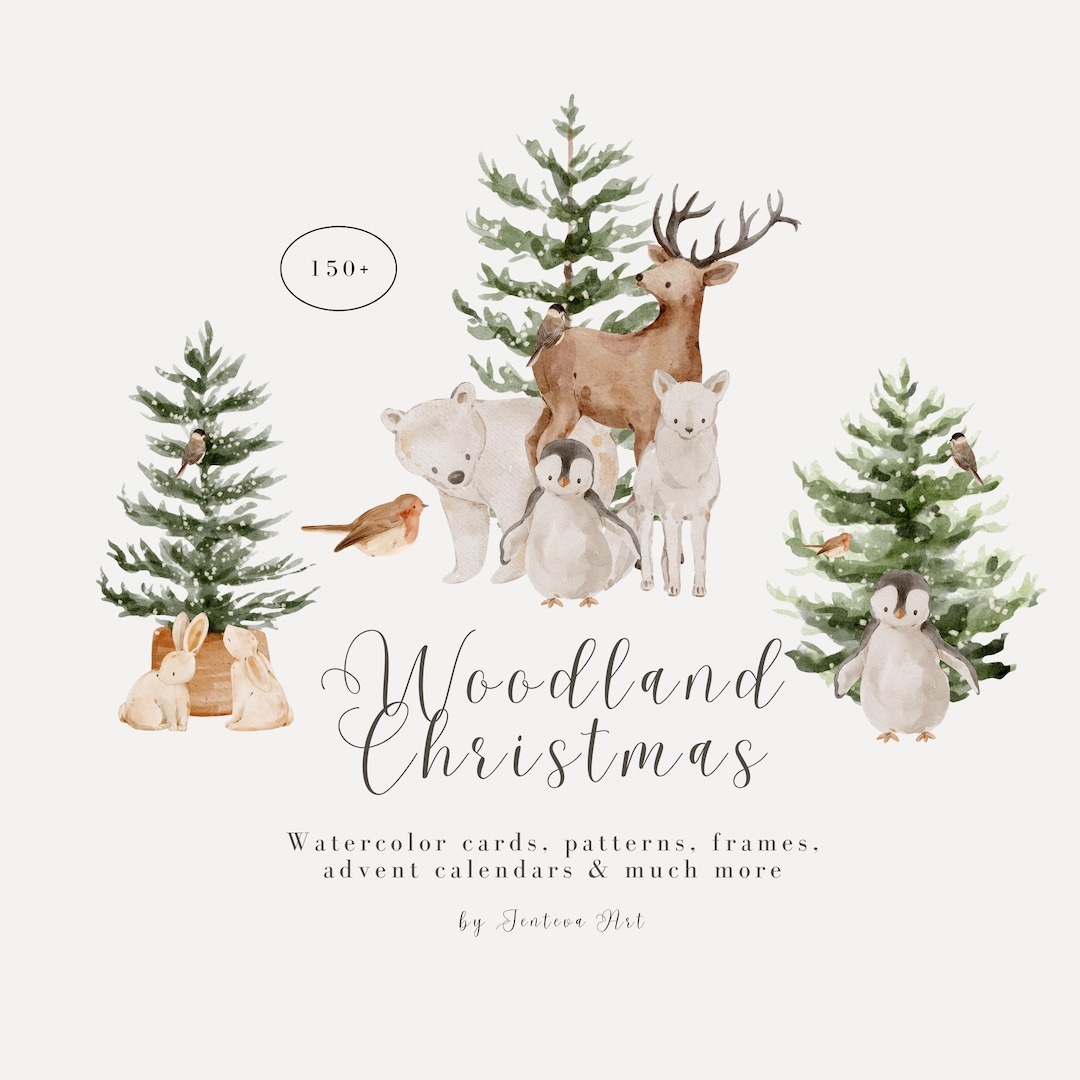 Watercolor Woodland Christmas Clipart: Winter Animals, Cards (digital ...