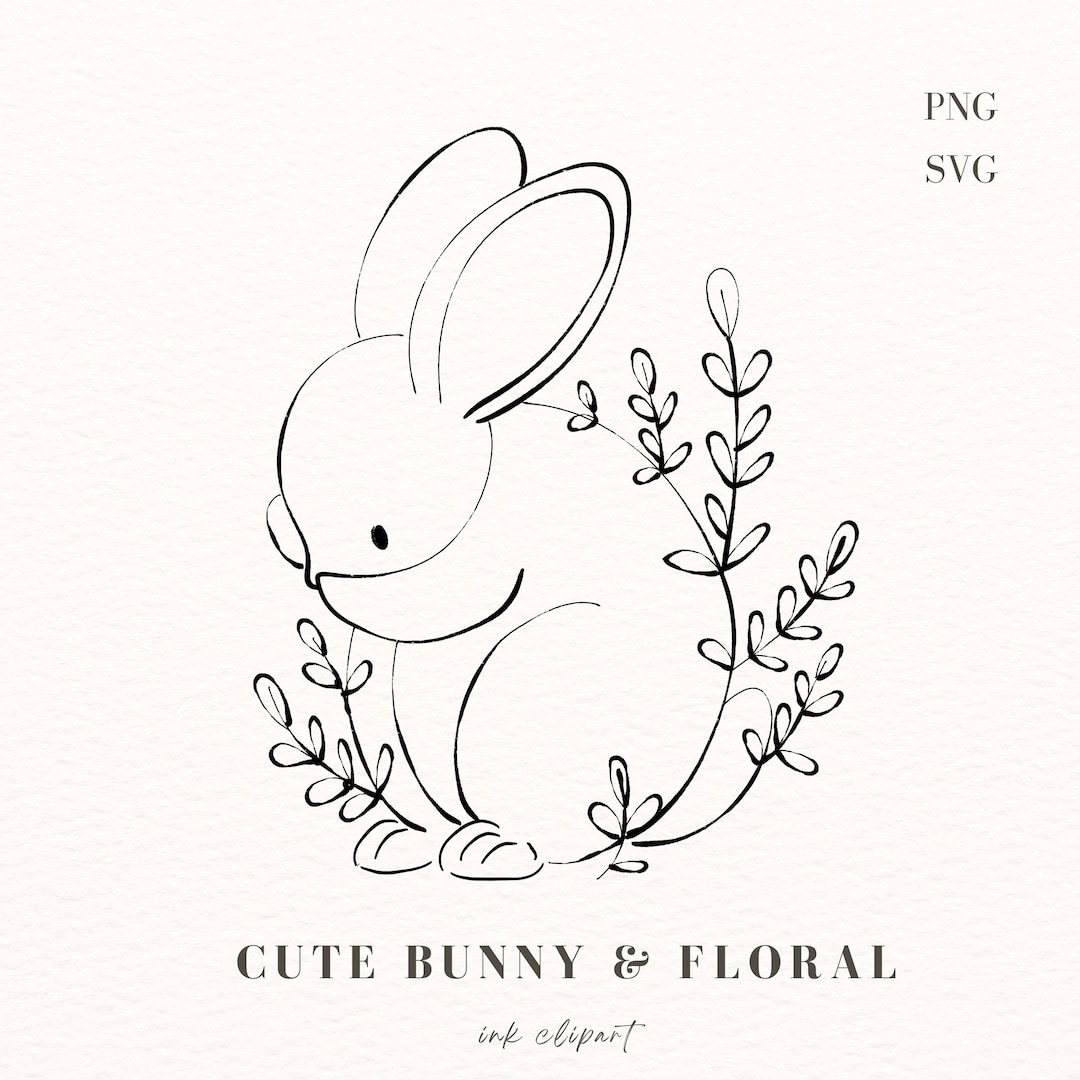 Line Art Bunny SVG, Cute Rabbit & Floral SVG, Cute Bunny Outline ...