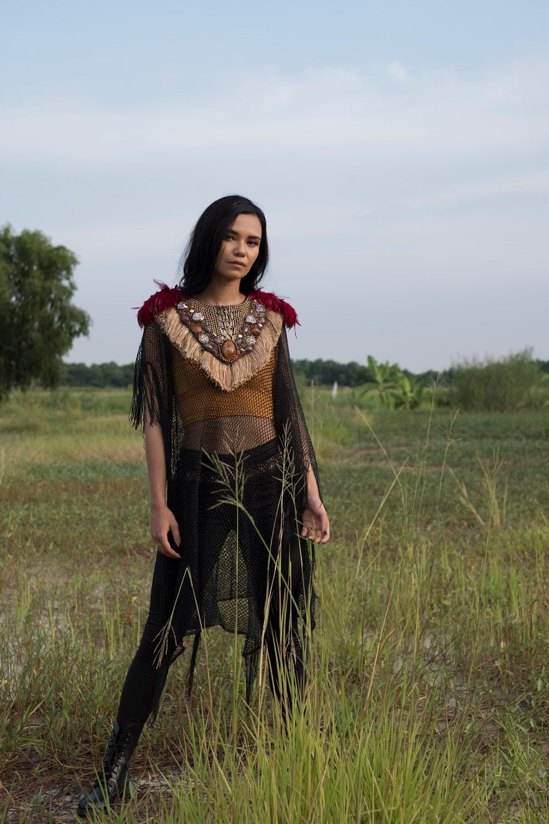 Tribal Native American Fringe Cape Fringe Collar Top Chain Back Feather ...