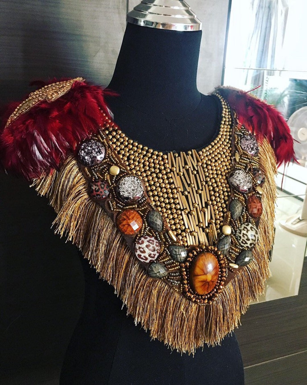 Tribal Native American Fringe Cape Fringe Collar Top Chain Back Feather ...