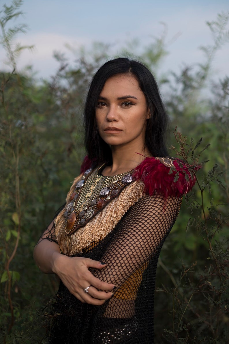 Tribal Native American Fringe Cape Fringe Collar Top Chain Back Feather ...