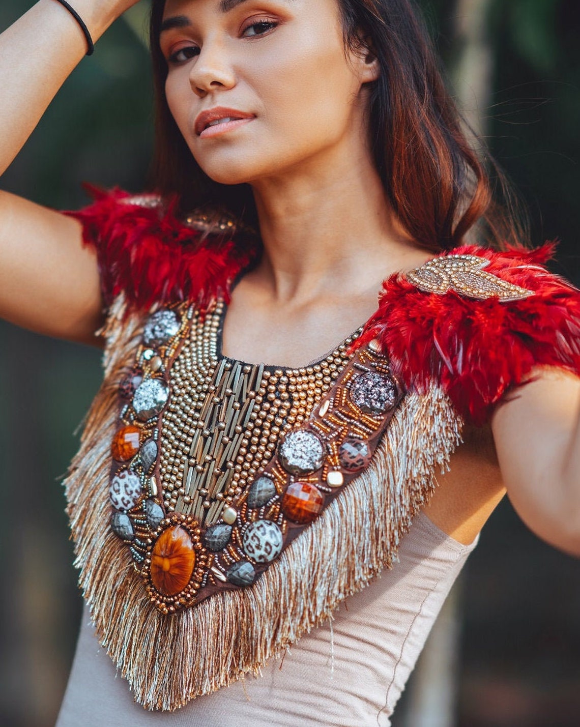 Tribal Native American Fringe Cape Fringe Collar Top Chain Back Feather ...