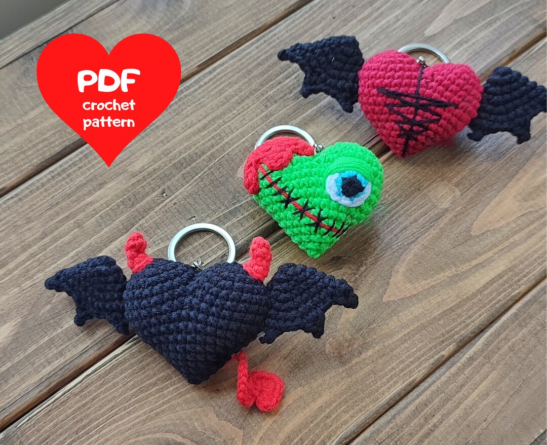 Crochet Scary Heart Pattern,devil's Heart Pattern, Heart Bat Keychain ...