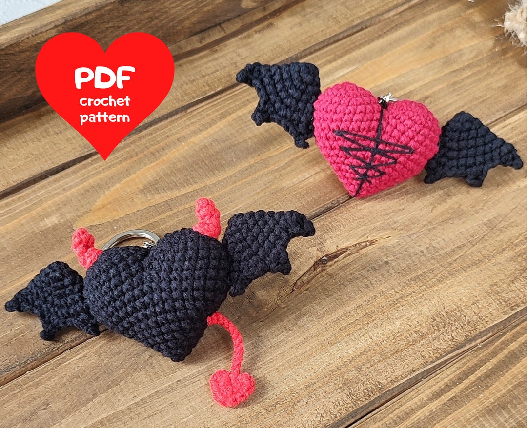 Crochet Devil's Heart Keychain Pattern, Heart Bat Keychain Pattern ...