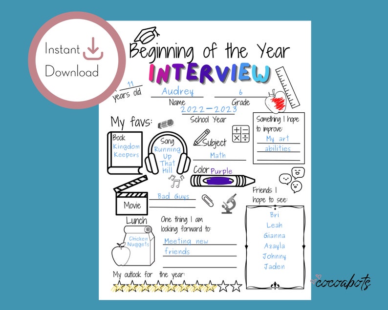 Beginning of Year Kids Interview Printable, Start of School Year ...