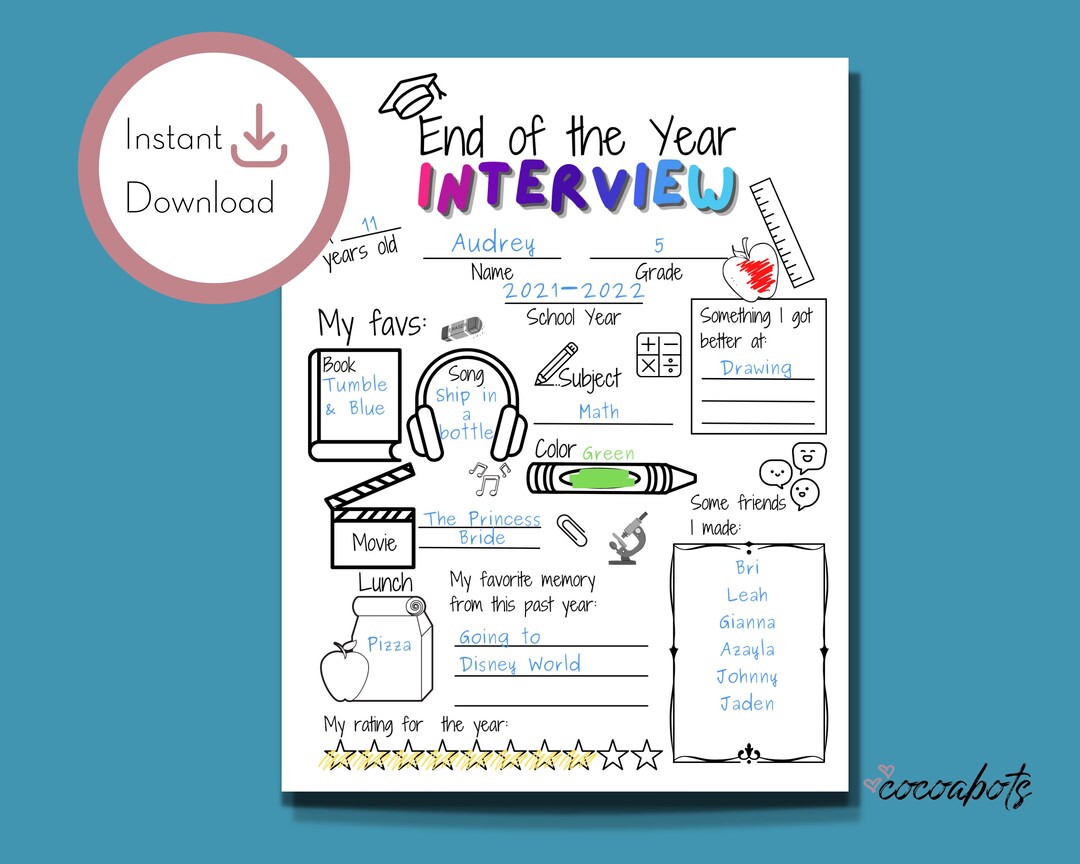 End of Year Kids Interview Printable, End of School Year Questions ...