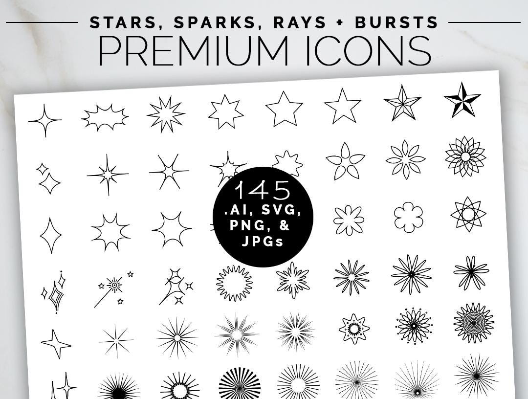 Radiant Line Art Vector Bundle – Stars, Sparks, Rays & Bursts – Custom ...