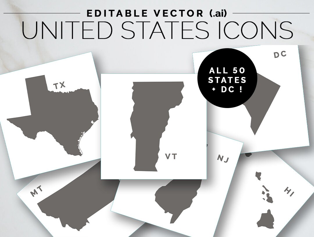 Minimalist United States Map Adobe Template | Accurate 50 States Shapes ...