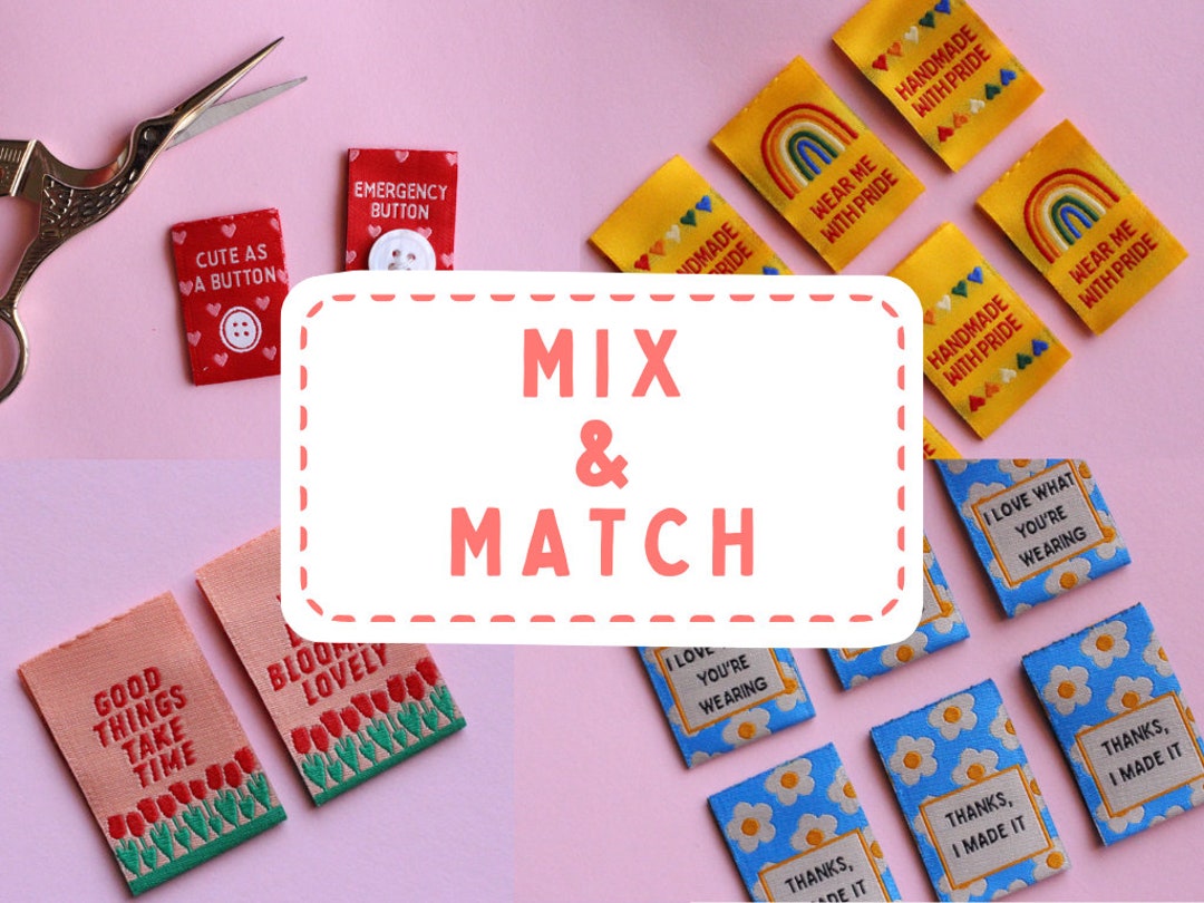 MIX AND MATCH Centre Fold Labels Pack of 8 Woven Sewing Labels Cute ...