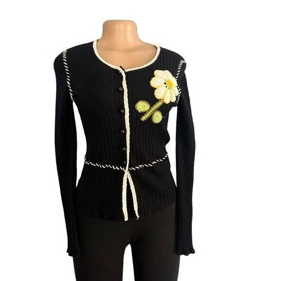 Vintage Cottage-core Yellow Knit Flower Cardigan by J… - Gem