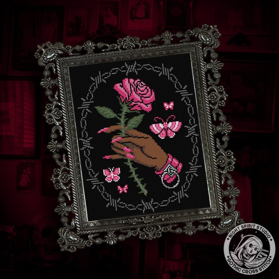 Gothic Rose Cross Stitch Pattern: Barbed Wire & Butterflies (digital ...