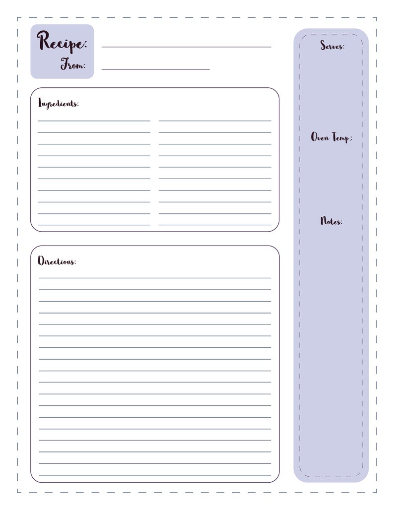 Recipe Printable Pages Recipe Binder Insert Meal Planning Organization ...