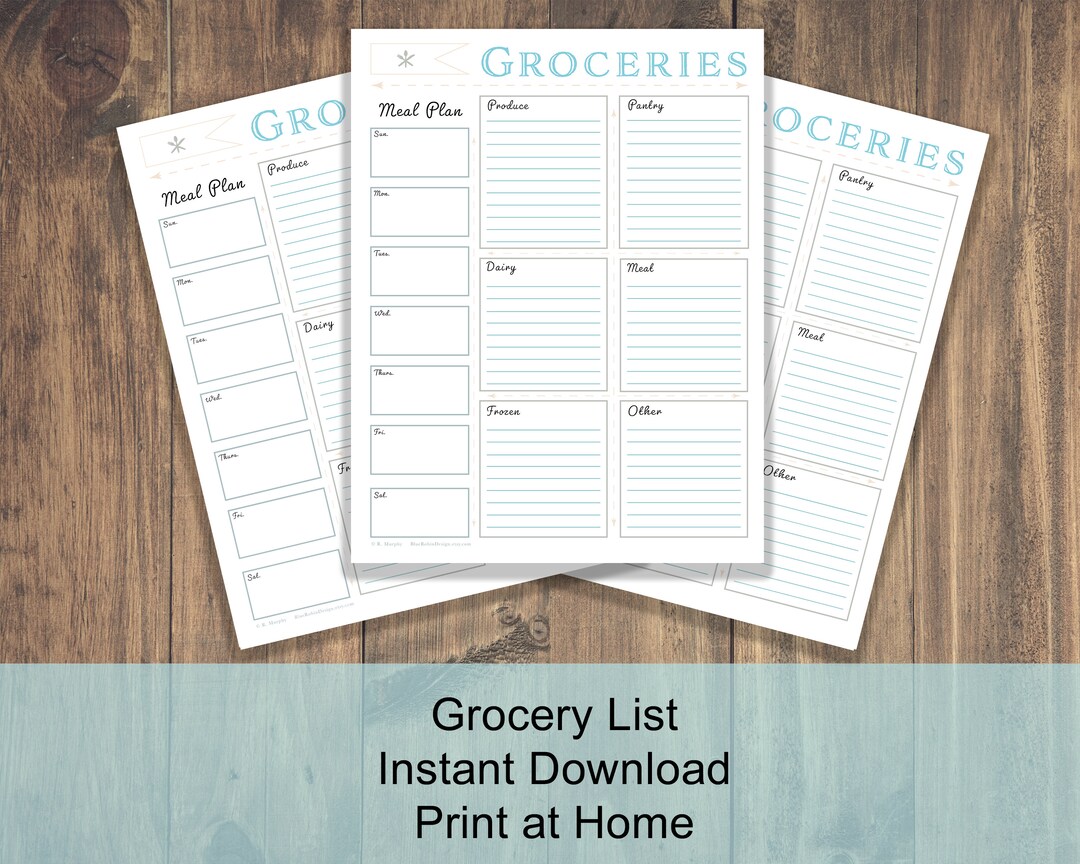 Printable Grocery List and Weekly Meal Planner Print at Home Blue ...