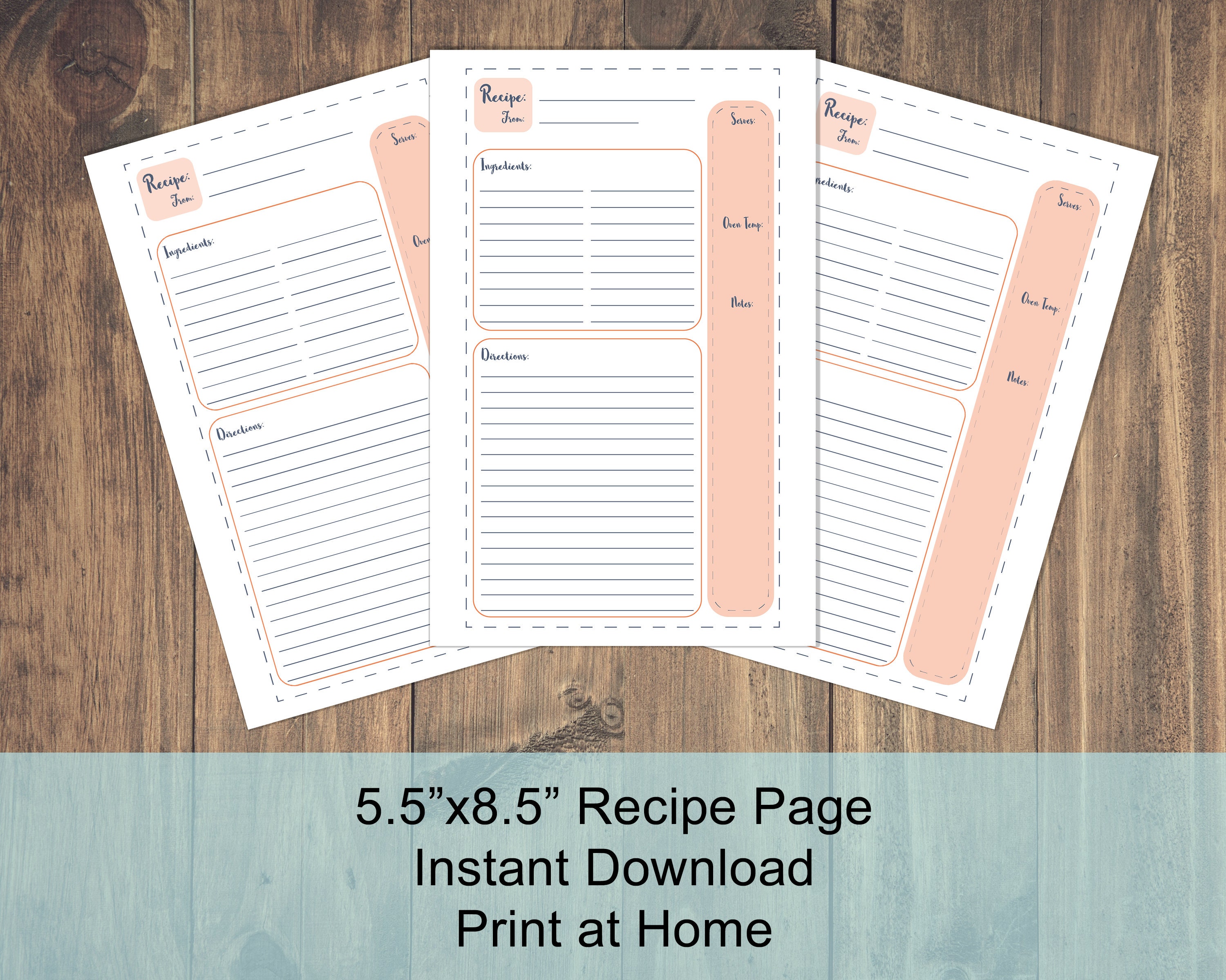 Printable Recipe Pages | 5.5x8.5 Inch | Orange and Blue | Recipe Binder ...