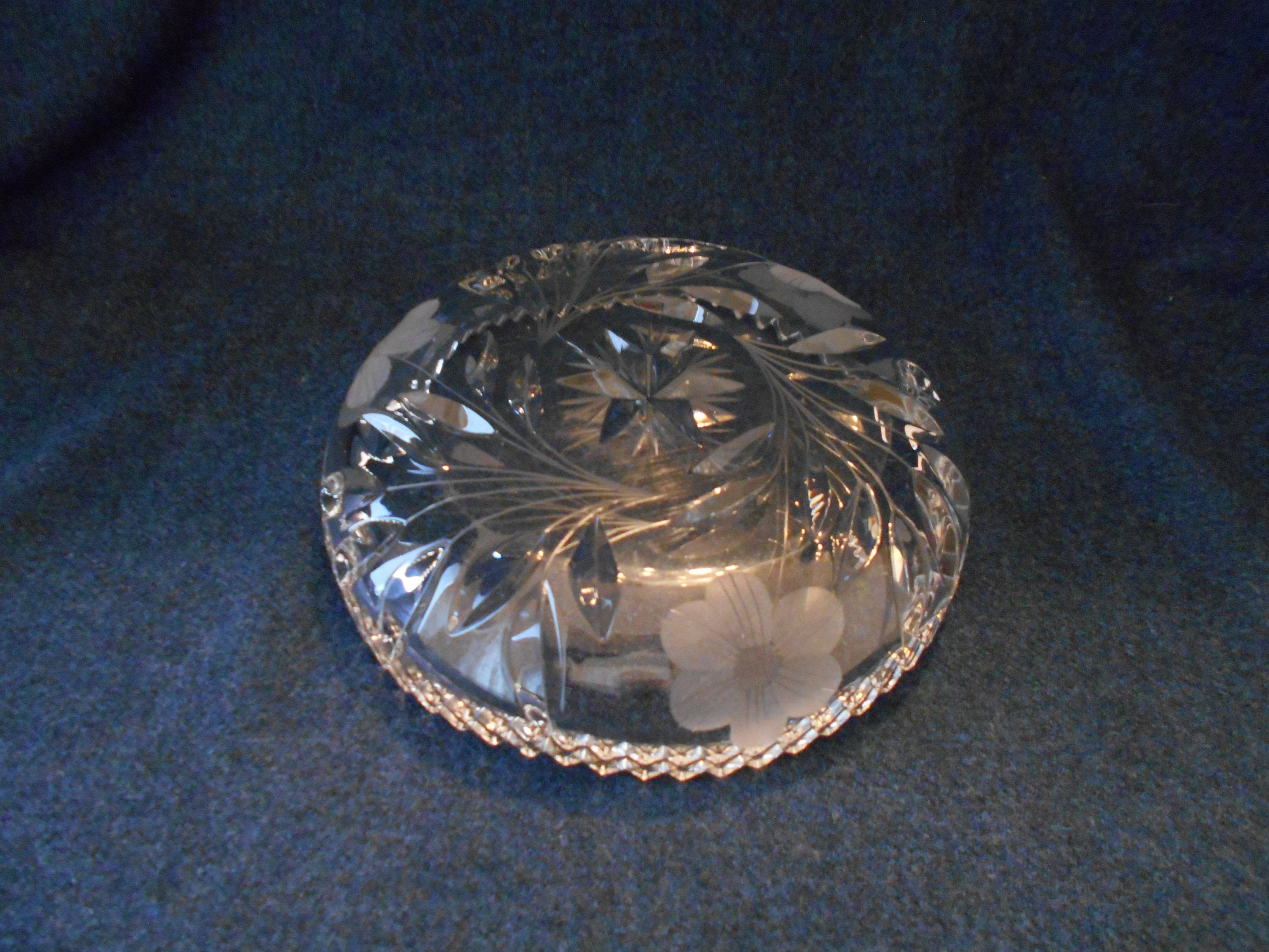 Vintage Cut Glass Bowl Etched Flowers Cut Leaves Center 6 Point Star Sawtooth Edge Etsy