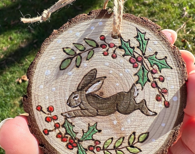 Rabbit and Holly - Live Edge Wooden Ornament, Wild Hare - Etsy