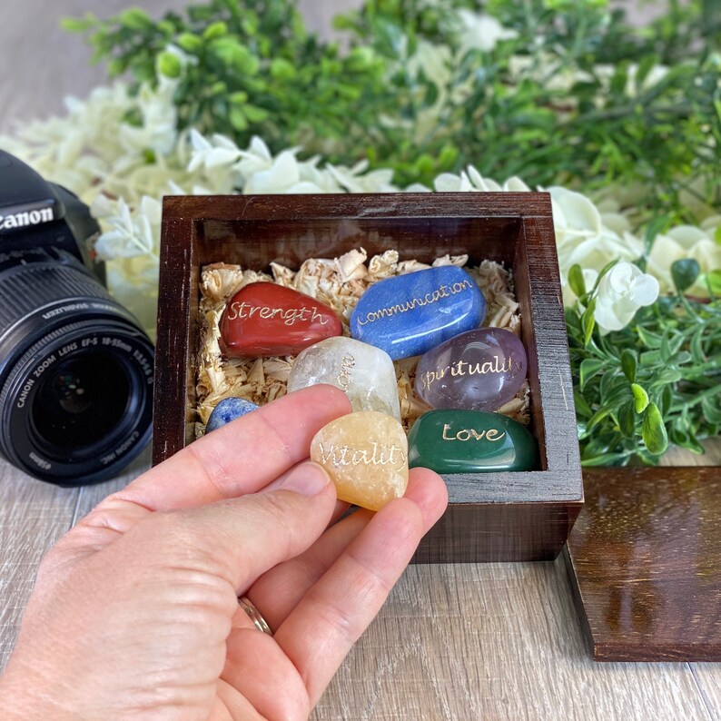 7 Chakra Stones in a Handmade Wooden Box Set, Engraved (5255) by Brazil ...