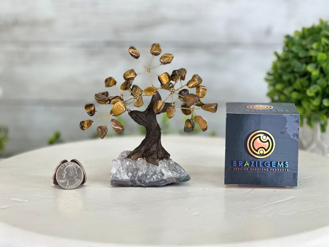 5" Tall Tiger's Eye Handmade Gemstone Tree on a Crystal Base, 35 Gems ...