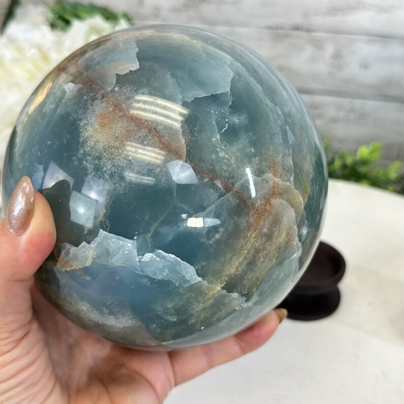 Blue Onyx Quartz Sphere on a Wood Stand, 9.9 Lbs & 6.9" Tall #5635-0005 ...
