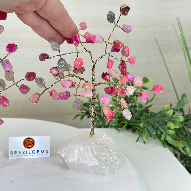6" Tall Pink Agate Handmade Wire Gem Tree With Quartz Base, 50 Gems ...