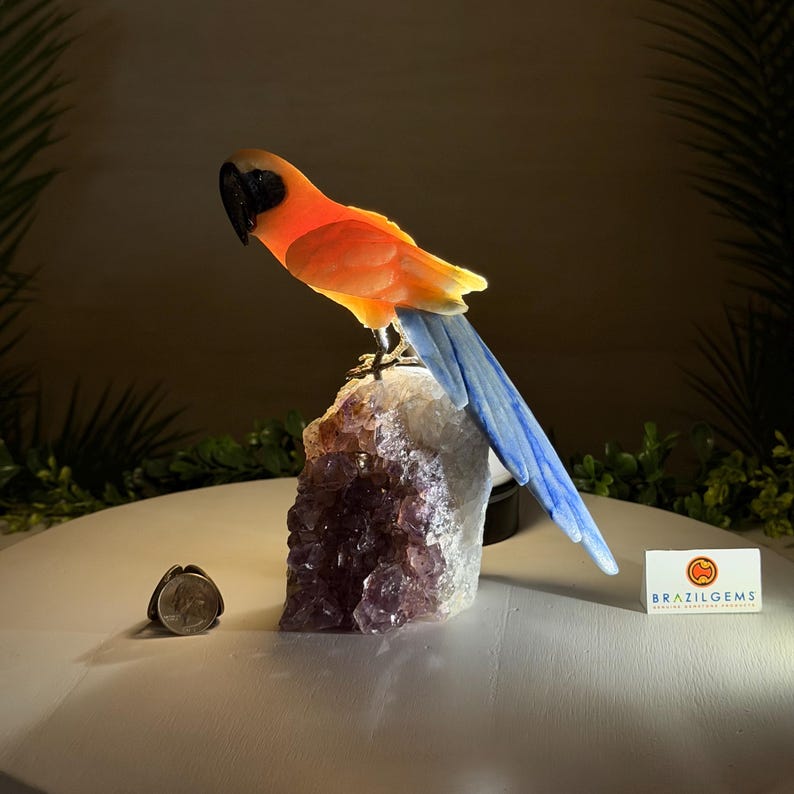 Orange Calcite Crystal Parrot, Medium Size, Amethyst Base #3004-ORPAM ...