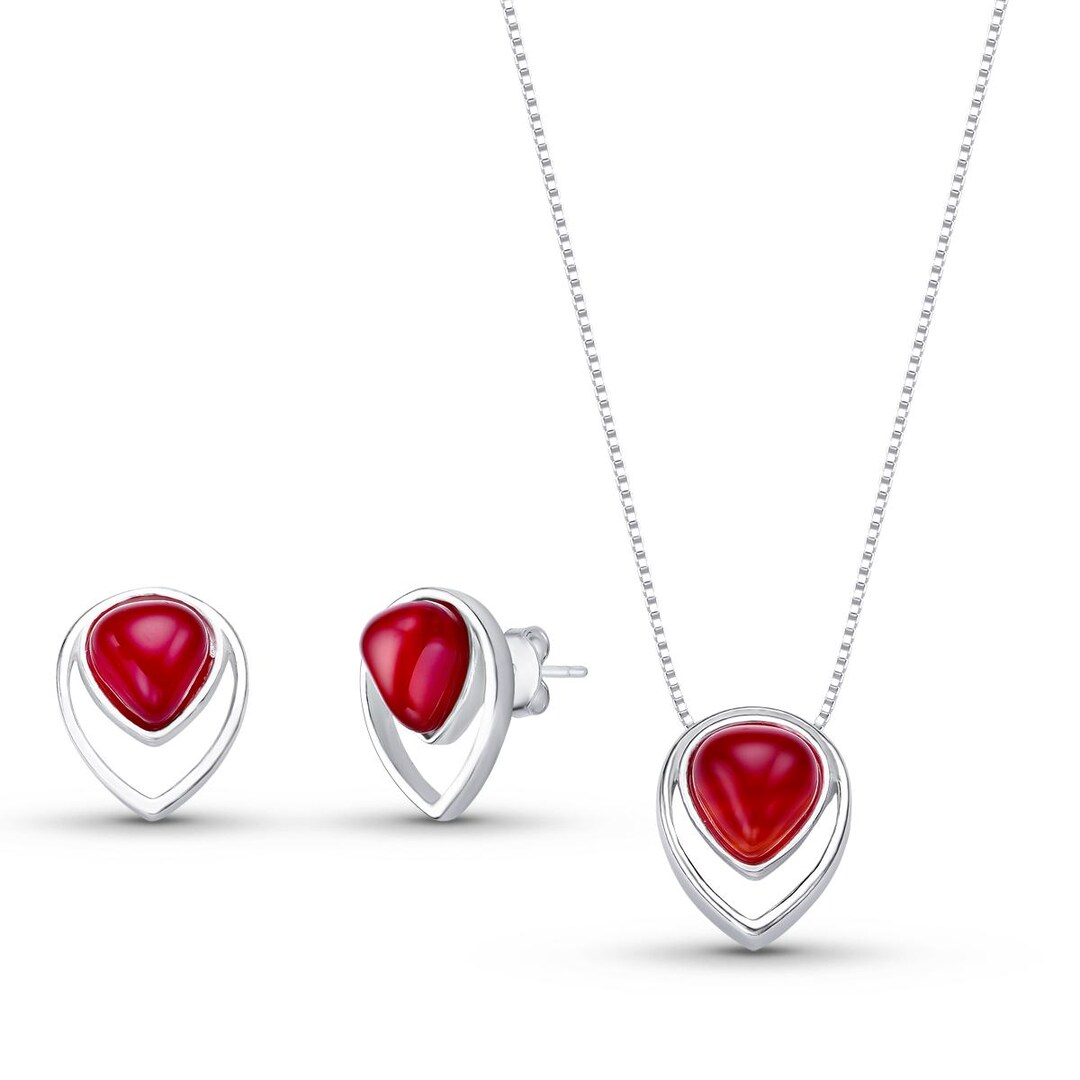 Sterling Silver Inverted Teardrop Necklace & Earring Set W/ Natural ...