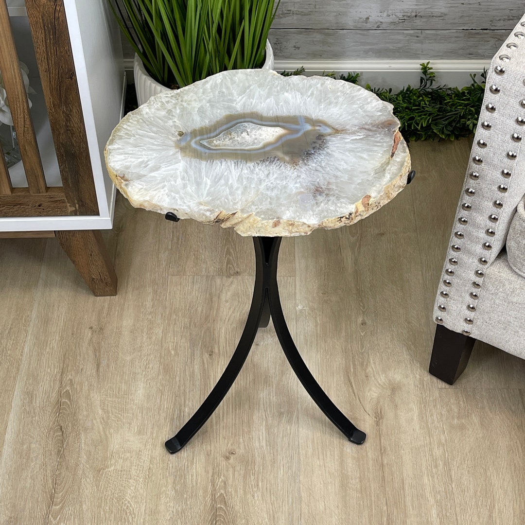 Natural Brazilian Agate Side Table, Single Slice on a Black Metal Base ...