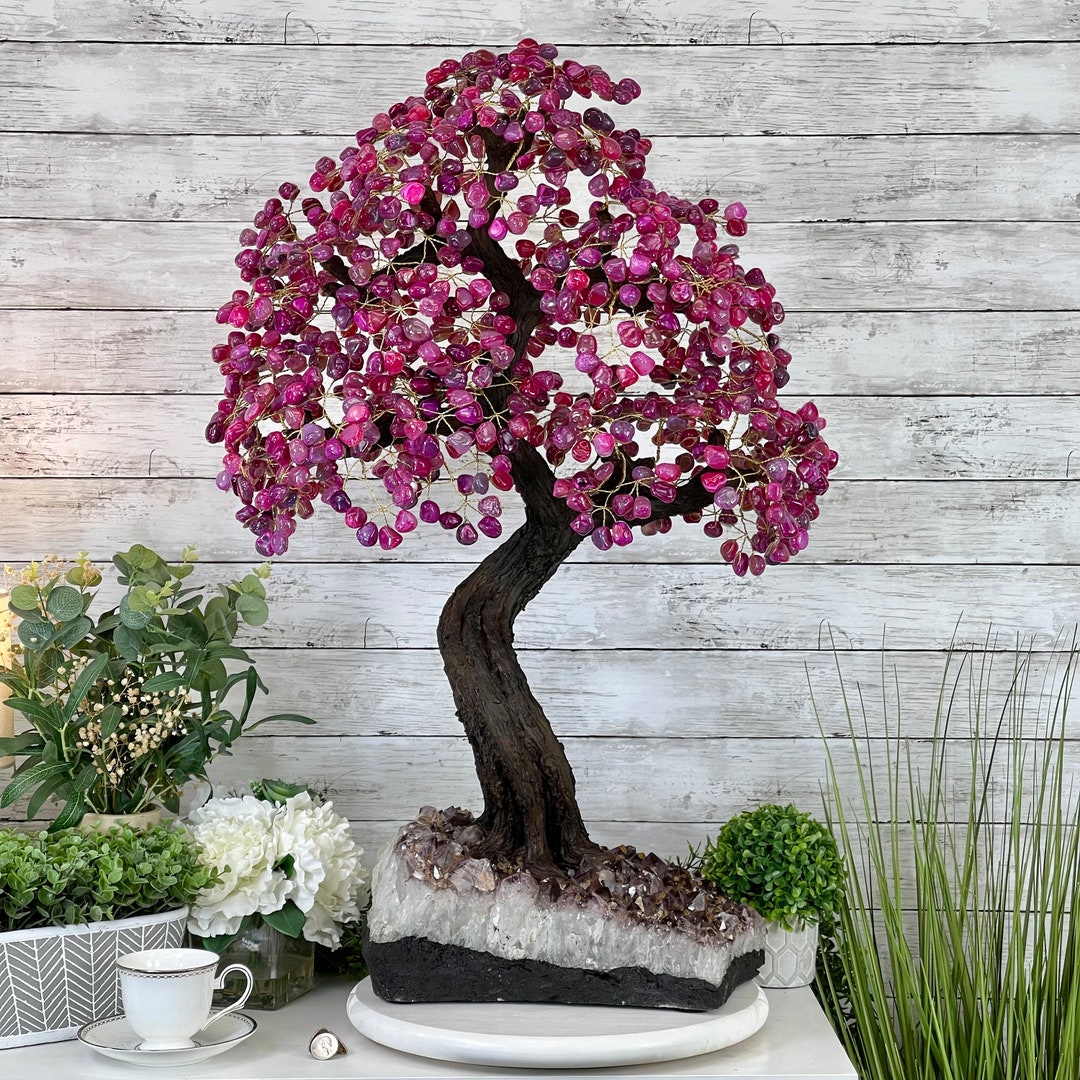 33" Tall Special Pink Agate Gemstone Tree W/ Amethyst Base, 930 Gems ...