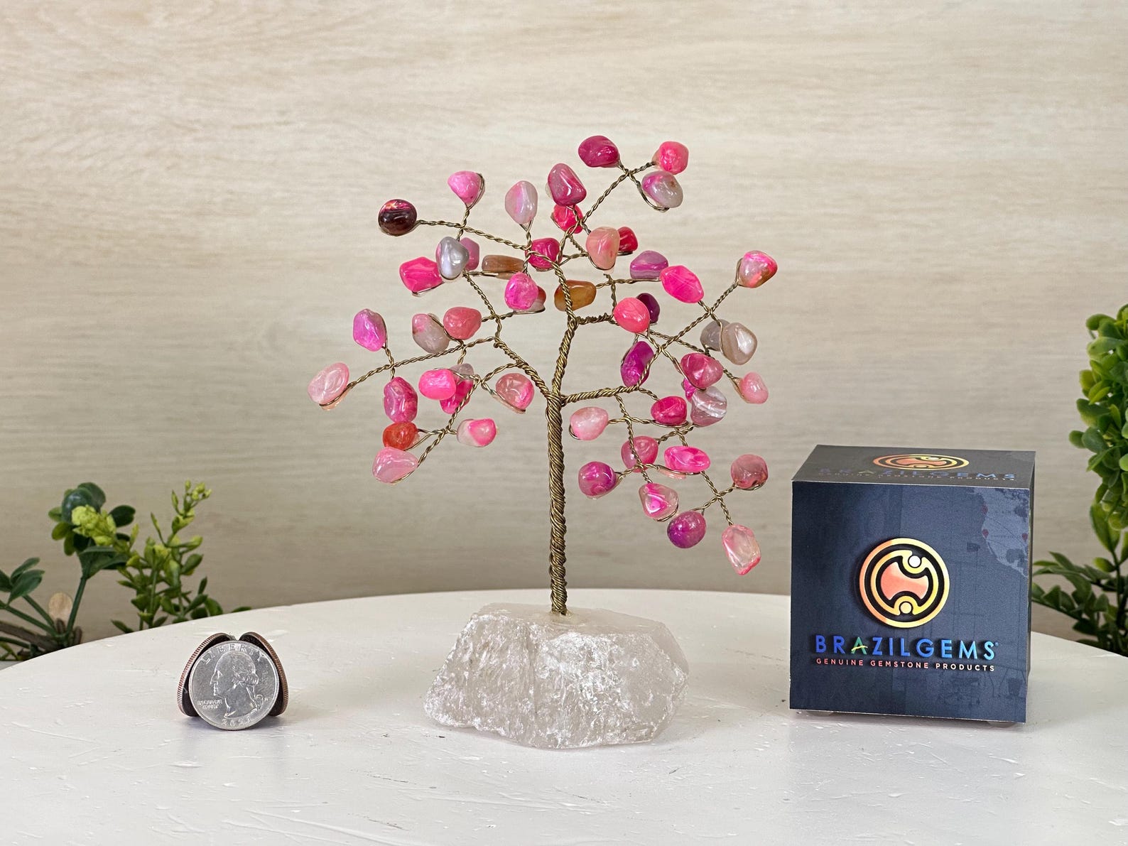 6" Tall Pink Agate Handmade Wire Gem Tree With Quartz Base, 50 Gems ...