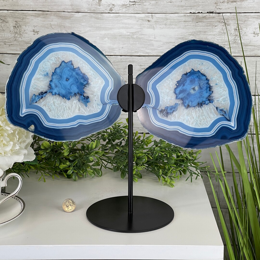Large Dyed Blue Brazilian Agate "butterfly Wings", Metal Stand, 12 ...