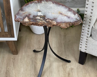 Natural Brazilian Agate Side Table Single Slice on a Black | Etsy