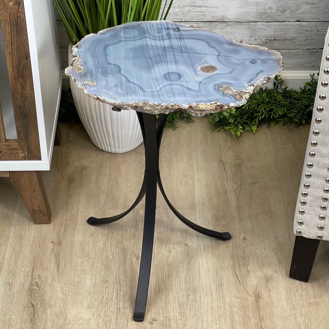 Natural Brazilian Agate Side Table, Single Slice on a Black Metal Base ...