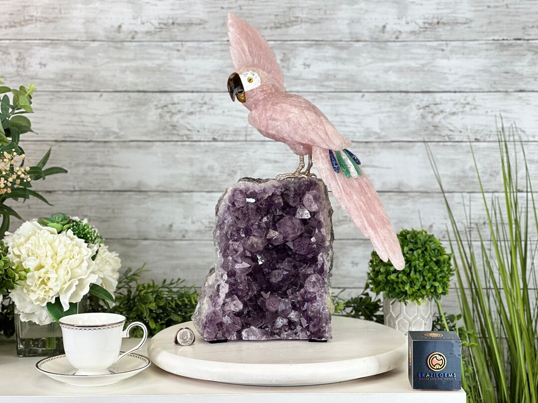 Extra Large Hand-carved Rose Quartz Cockatoo Bird W/ Amethyst Base, 18. ...