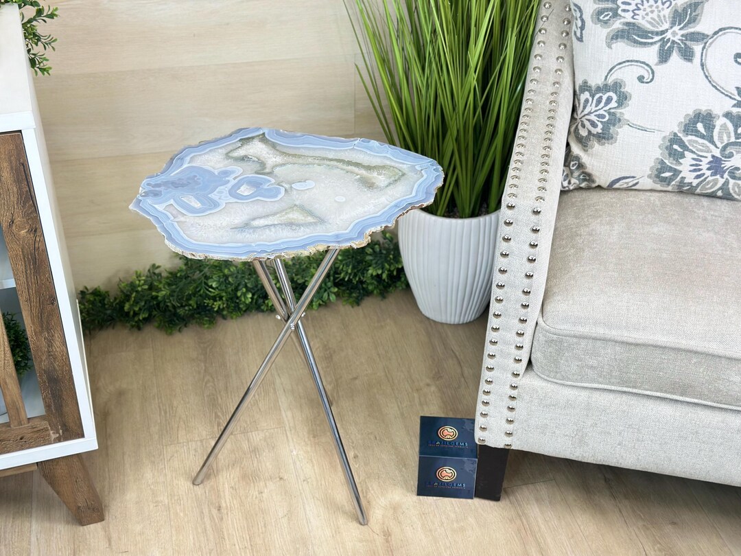 Natural Agate Side Table on Chrome Metal Base, 23.9