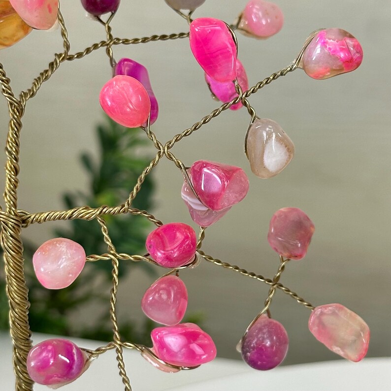 6" Tall Pink Agate Handmade Wire Gem Tree With Quartz Base, 50 Gems ...