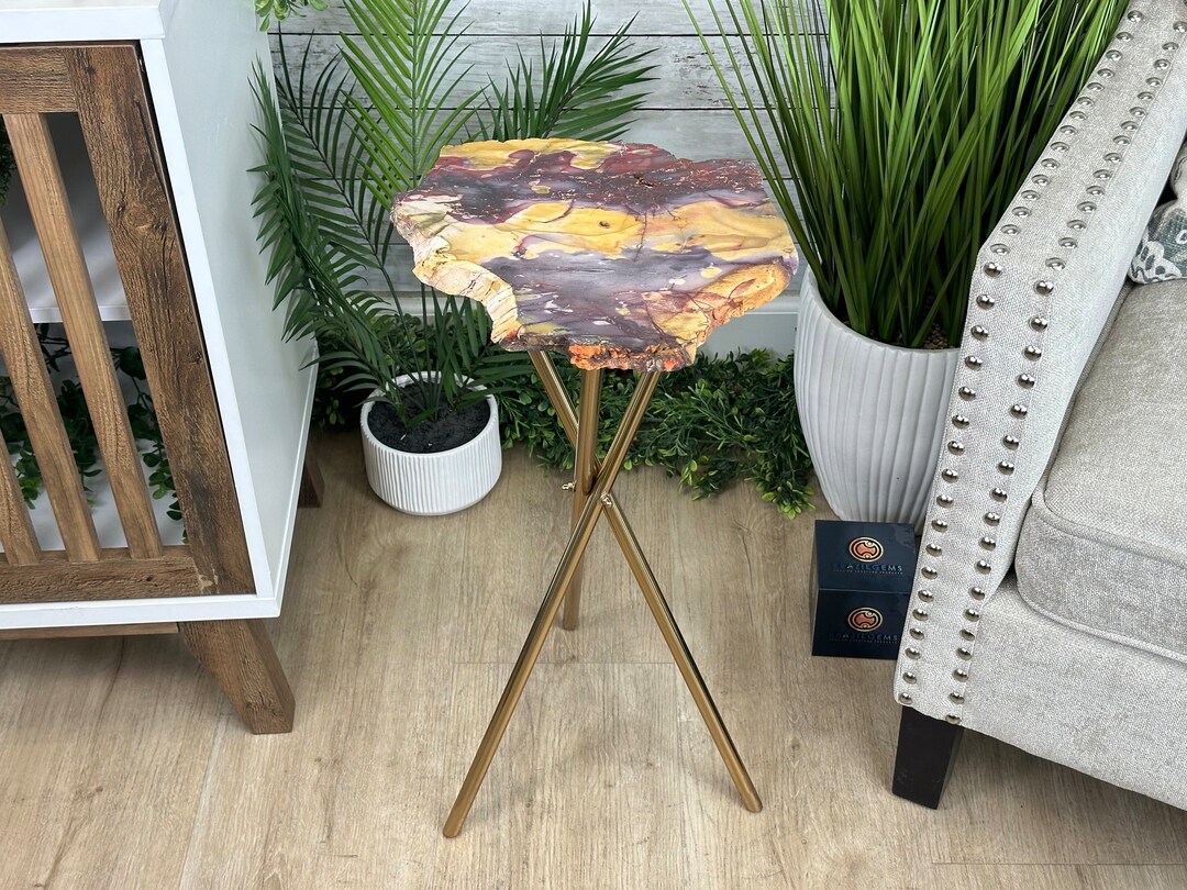 Buy Natural Mookaite Jasper Side Table on Gold Metal Base Online in ...