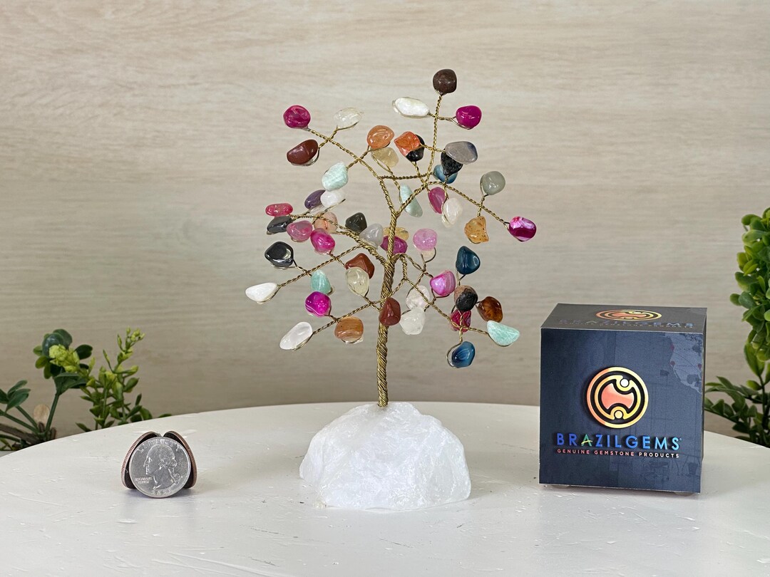 6" Tall Mixed Gems Handmade Wire Gem Tree With Quartz Base, 50 Gems ...