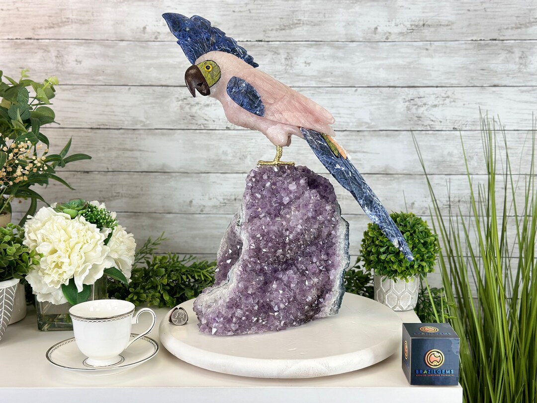 Extra Large Hand-carved Rose Quartz Cockatoo Bird on an Amethyst Base ...