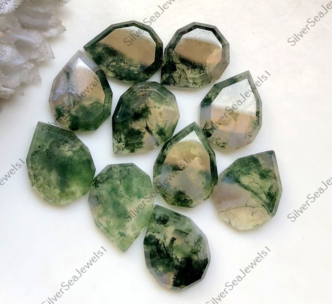Moss Agate Faceted Gemstone, 12x16mm Step Cut Pear Shape Natural Semi Precious Gemstone 10 Pcs ...