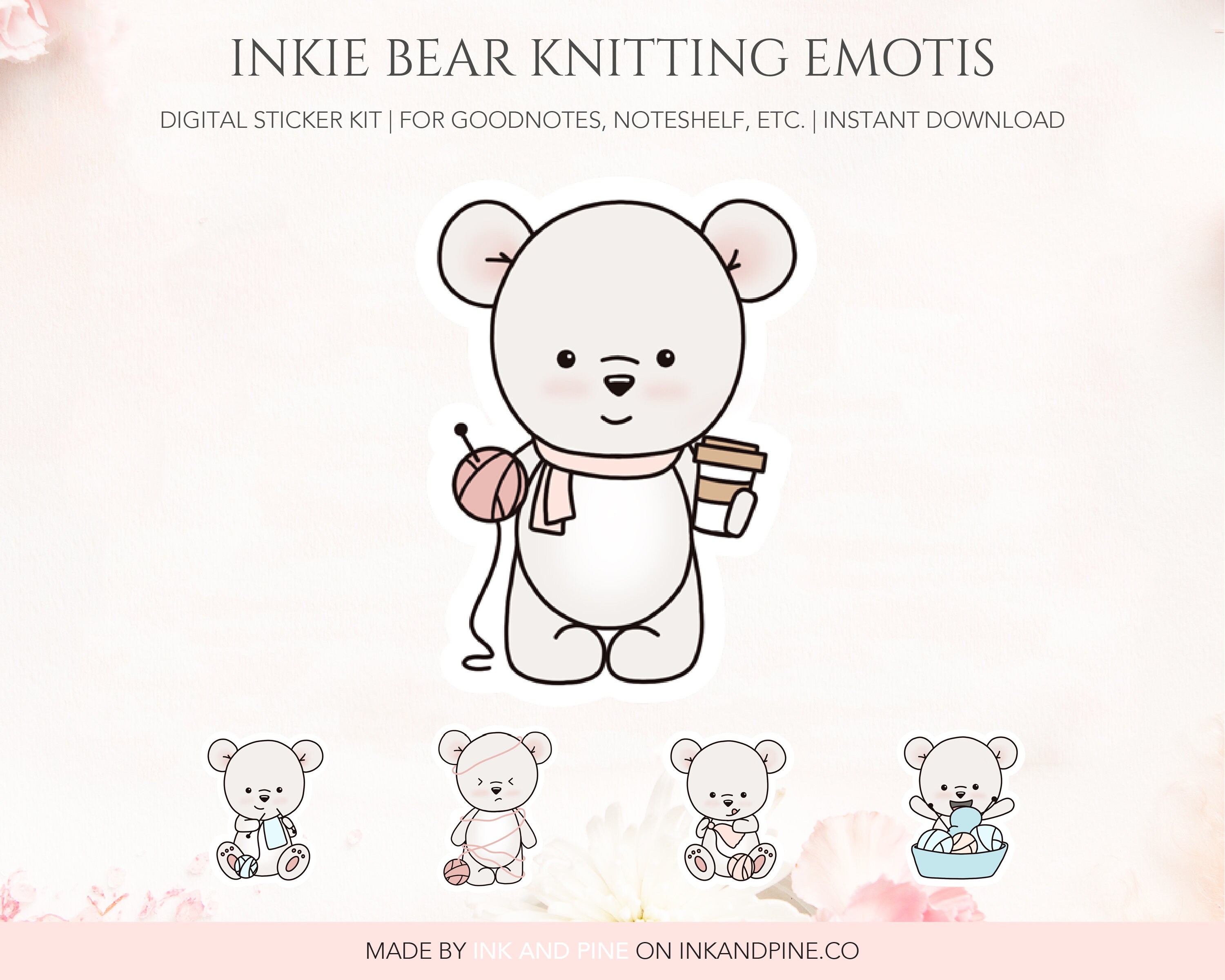 Inkie Bear Knitting Emotis Digital Stickers Craft Goodnotes | Etsy