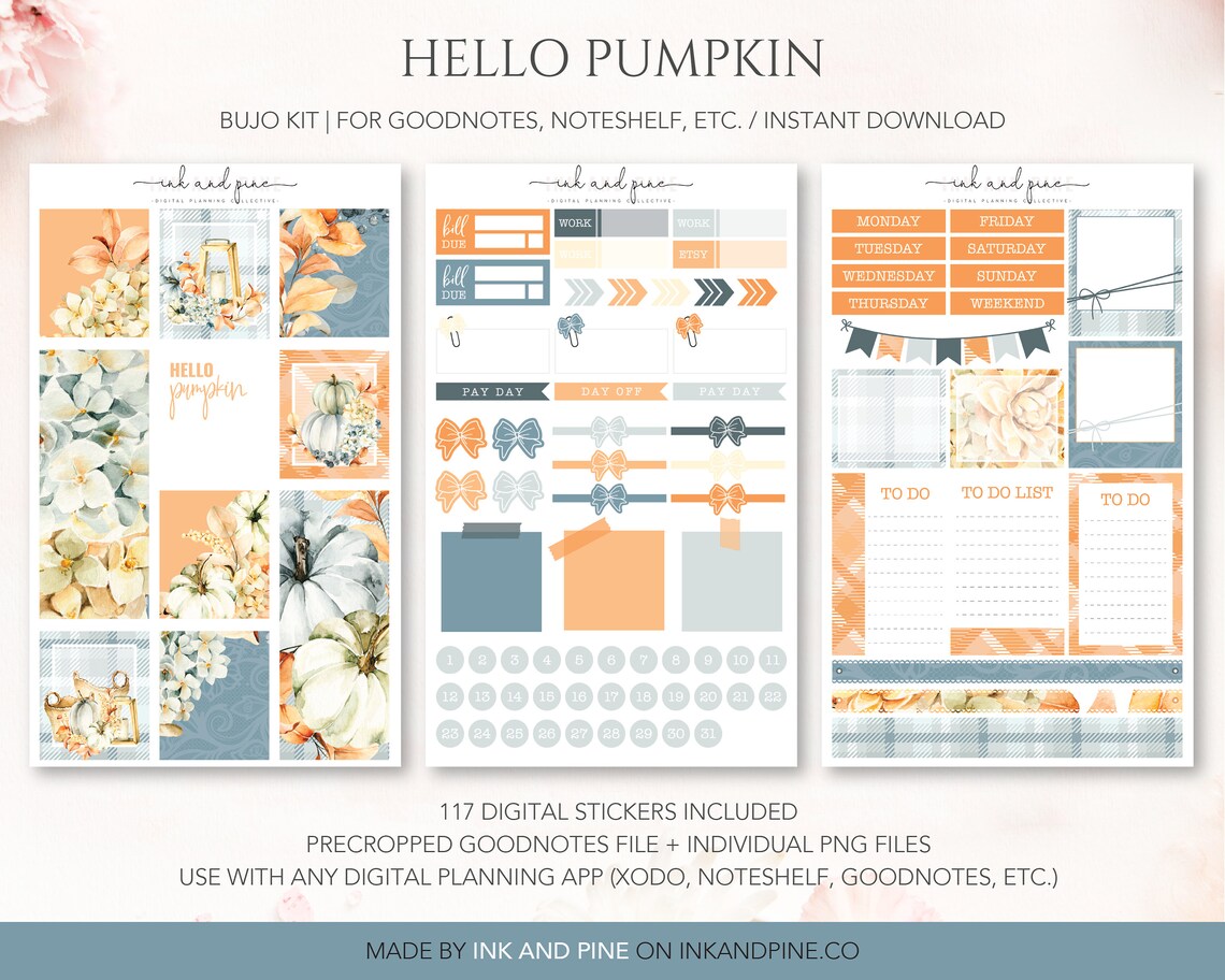 Hello Pumpkin Bujo Digital Stickers Fall Pumpkin Goodnotes | Etsy