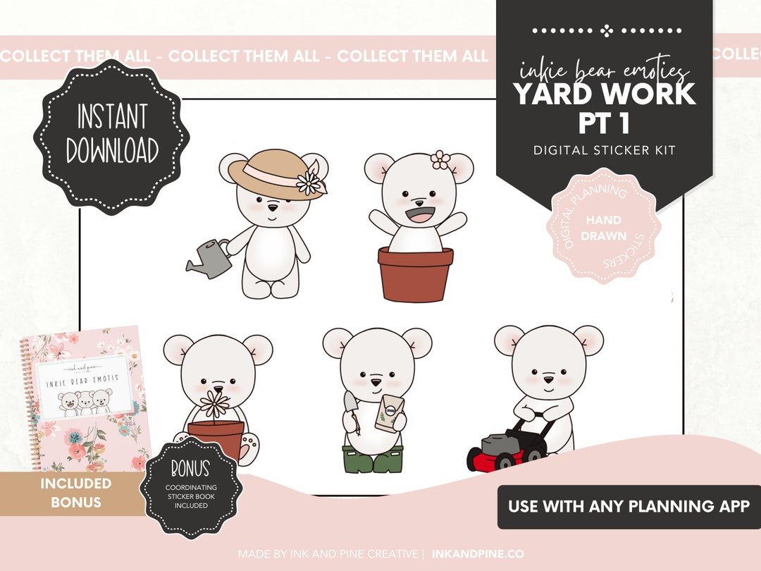 Inkie Bear Yard Work Emotis Digital Stickers Gardening Goodnotes ...