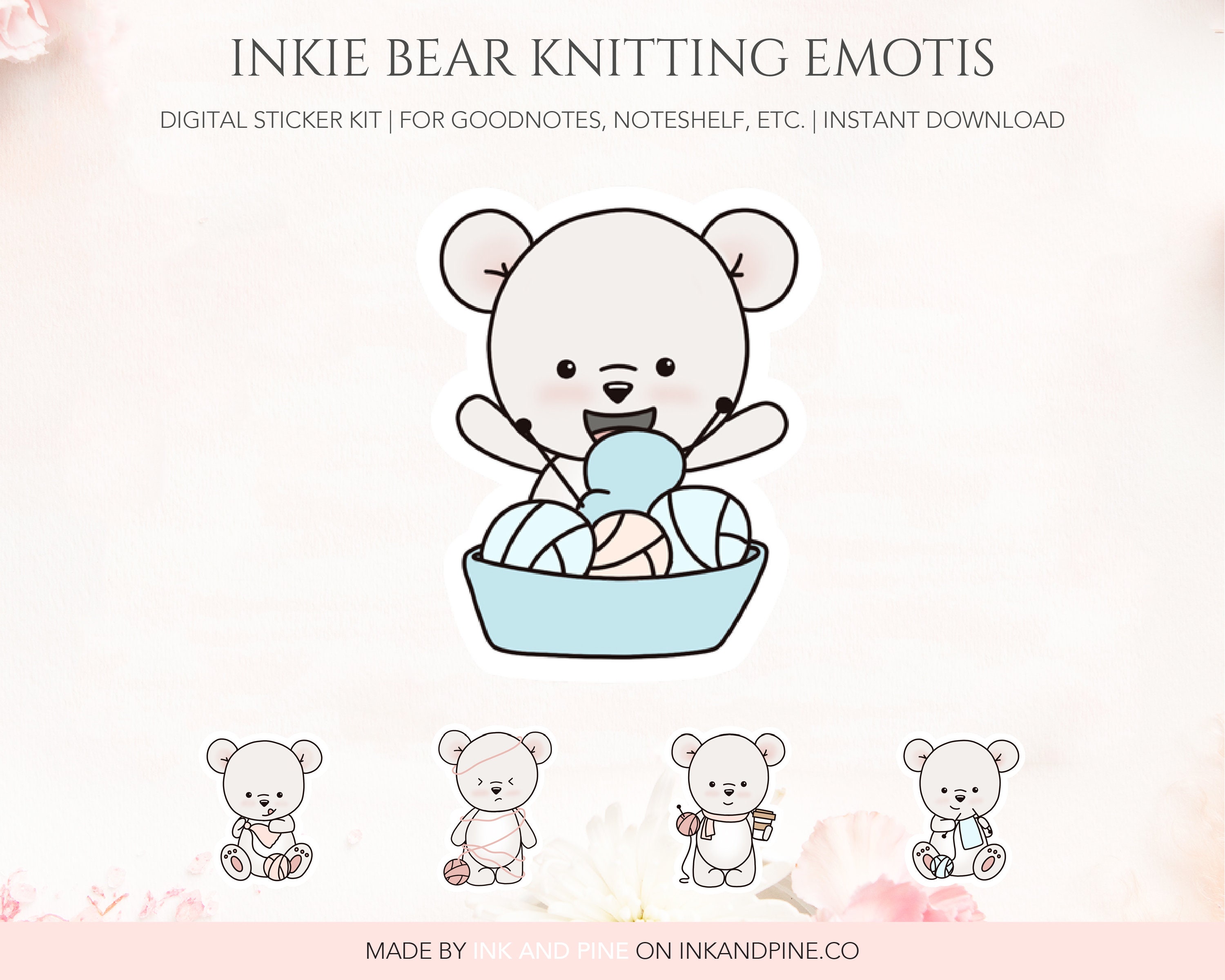 Inkie Bear Knitting Emotis Digital Stickers Craft Goodnotes | Etsy