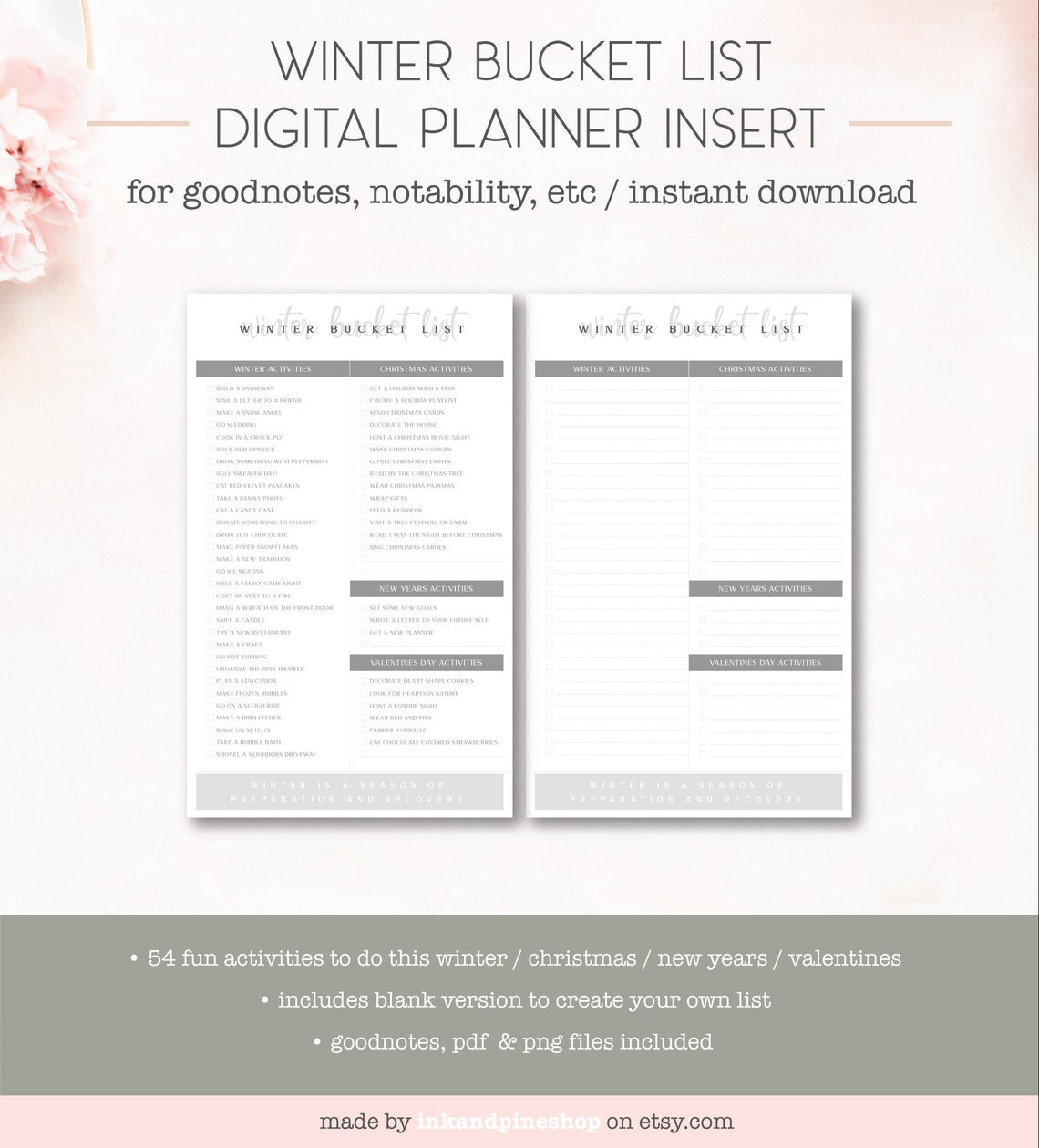 Winter Bucket List Digital Planner Inserts Goodnotes Planner - Etsy