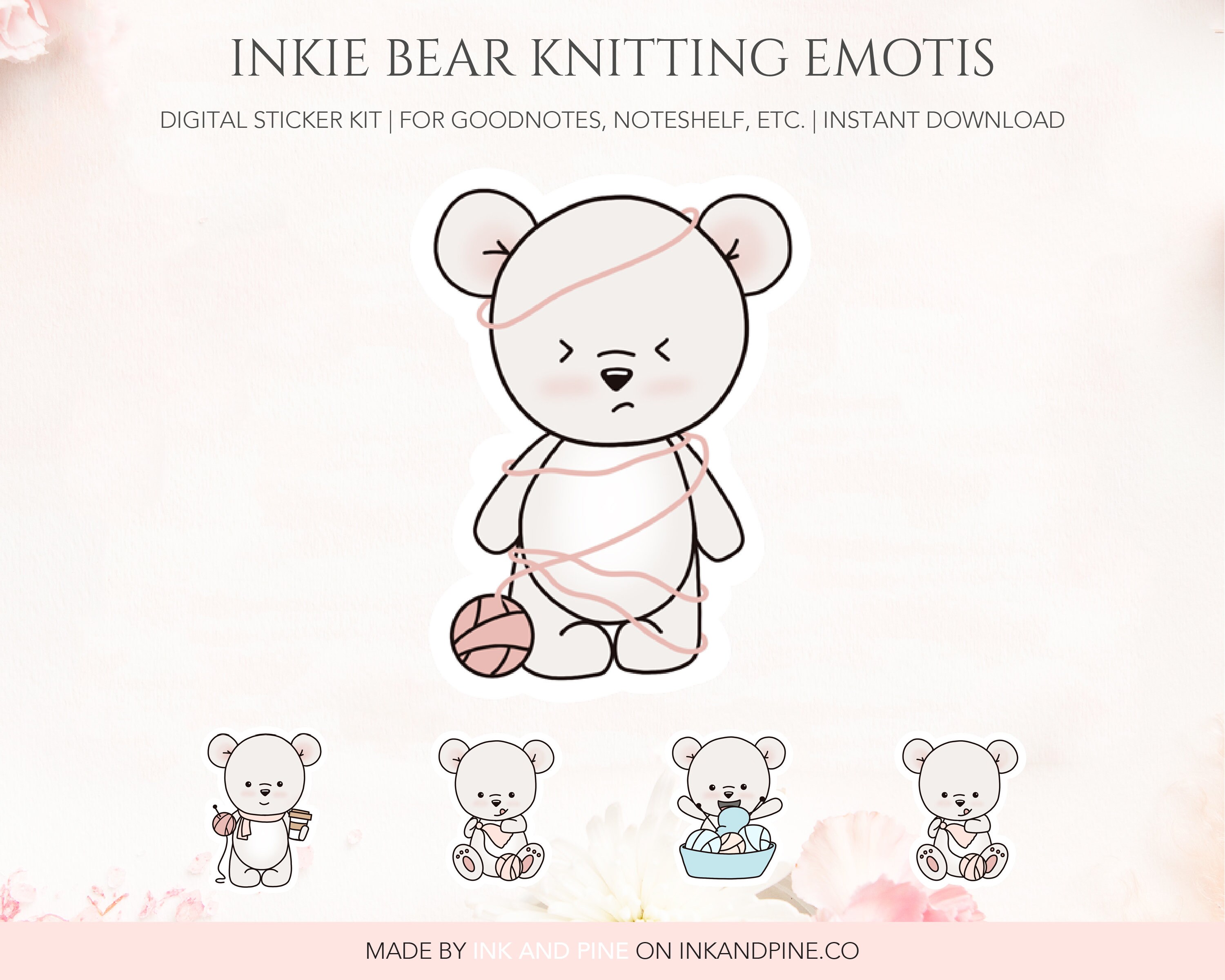 Inkie Bear Knitting Emotis Digital Stickers Craft Goodnotes | Etsy
