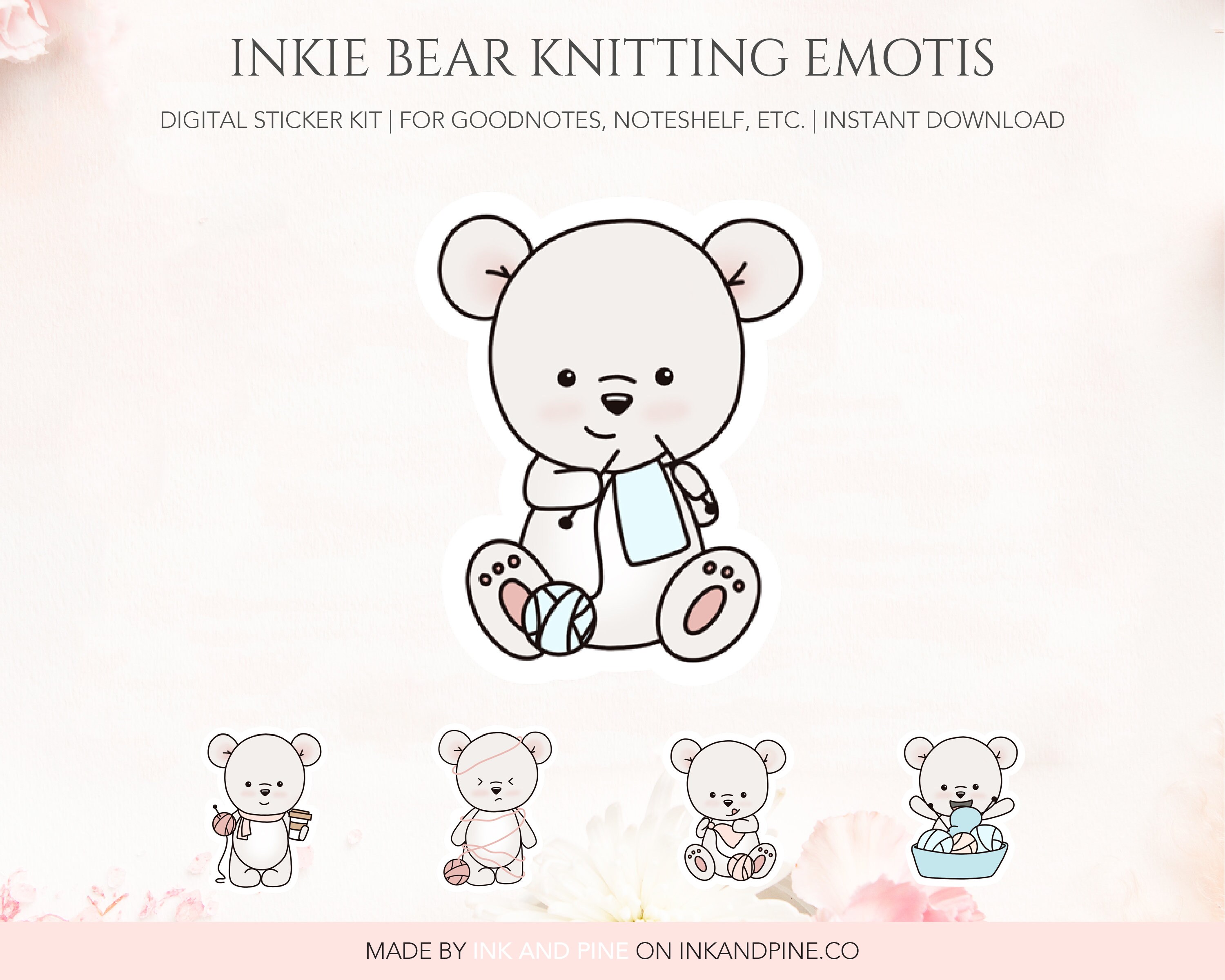 Inkie Bear Knitting Emotis Digital Stickers Craft Goodnotes | Etsy