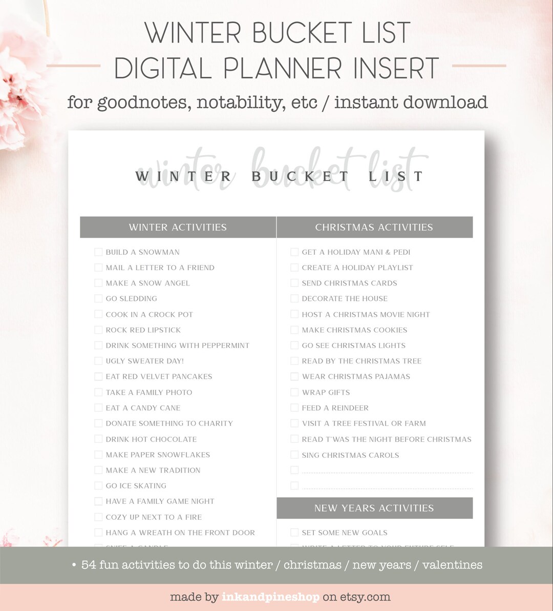Winter Bucket List Digital Planner Inserts Goodnotes Planner - Etsy