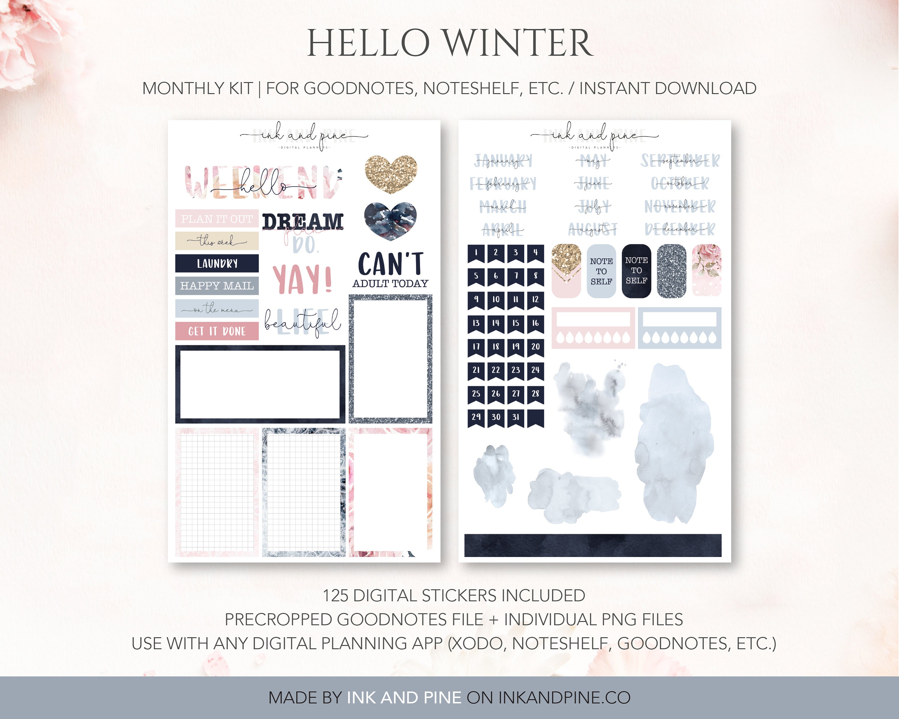 Hello Winter Monthly Digital Stickers Winter Goodnotes | Etsy